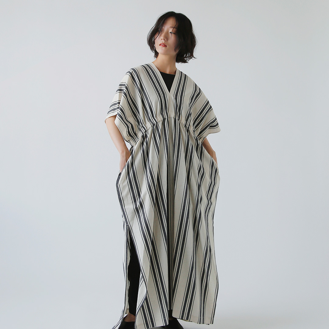 WONDER FULL LIFE ワンダーフルライフ コットン リネン ネイティブストライプ ネオ カフタン ドレス “NEO KAFTAN ...